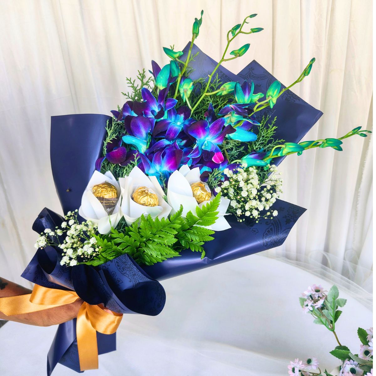 Indigo Bloom – Orchid Bouquet with Chocolates